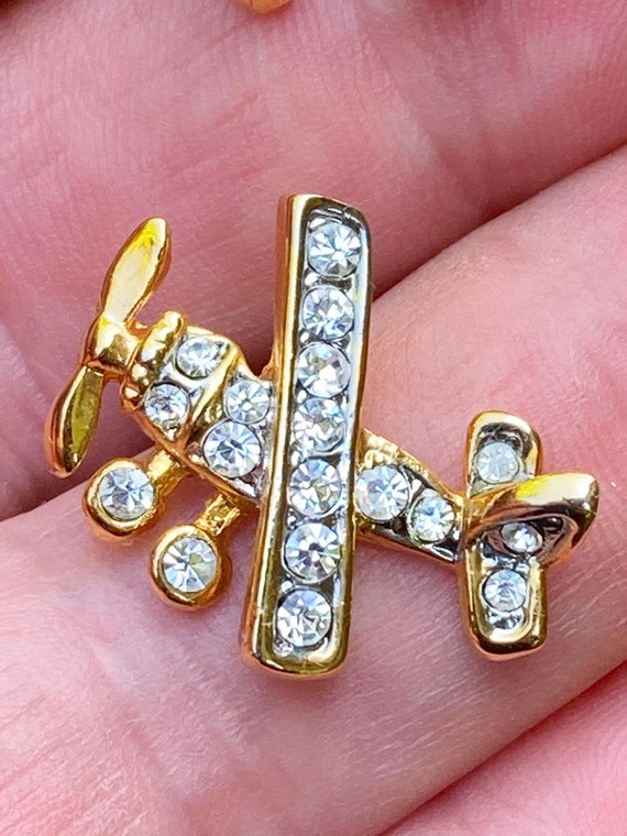 Small Propeller Airplane Goldtone With Rhinestone Ear… - Gem