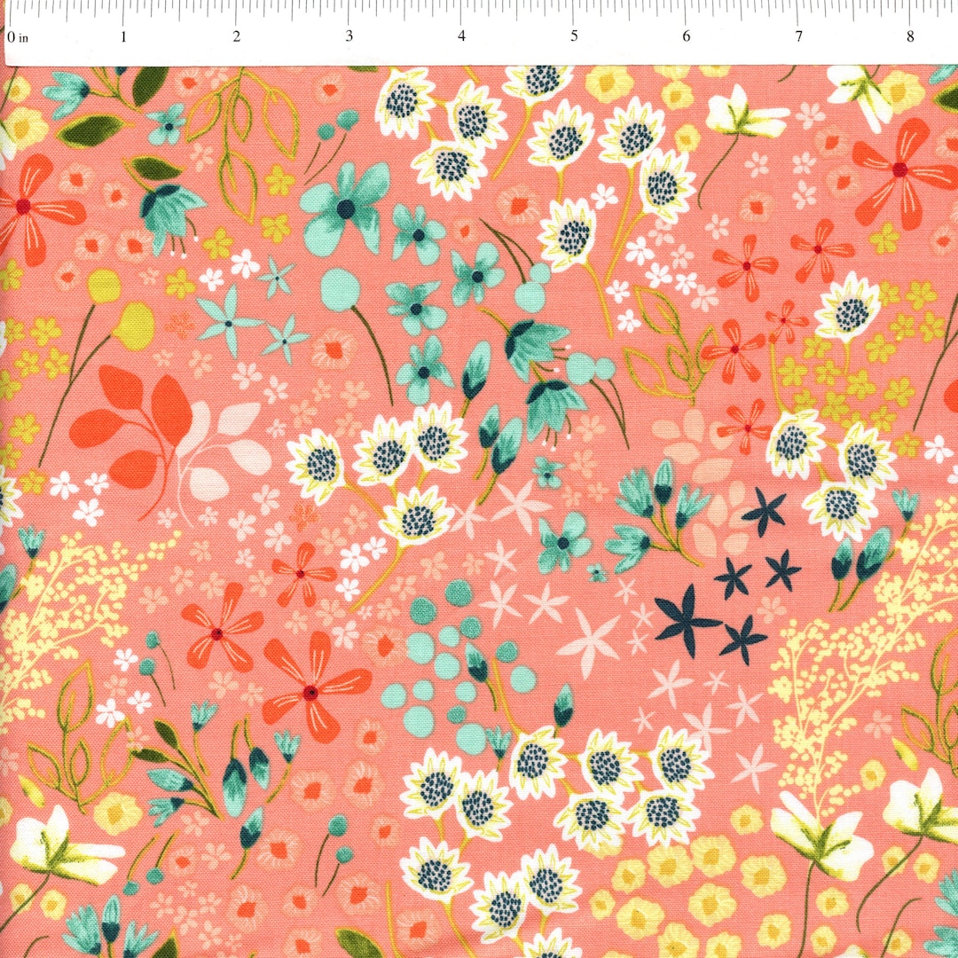 Serenity Blooms Meadow Dream in Coral by Ginger Deverell for Poppie Cotton - Sold in Half Yard ...