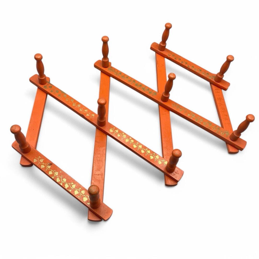 Vintage Painted Wooden Accordion Cup Mug Rack Orange Gold Ivy Accents ...