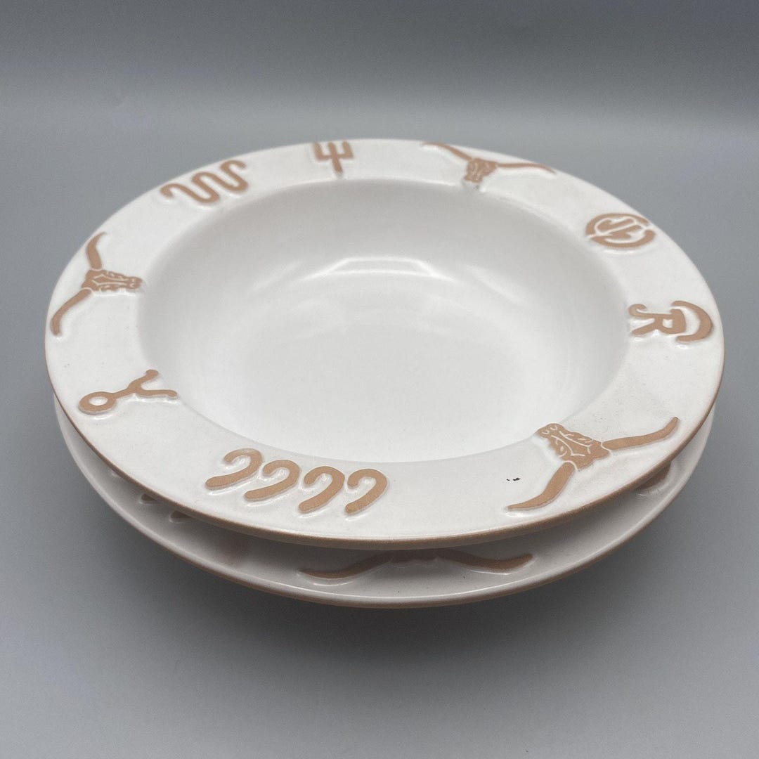 Frankoma Pottery Ranch Bone White Rim Soup Bowls 7.75 Cattle Brands USA ...