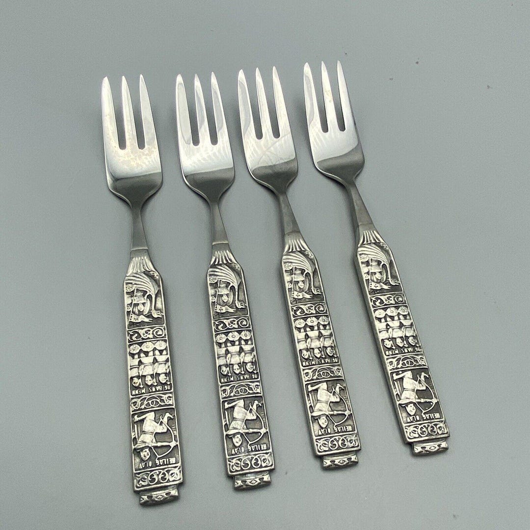 Hardanger Konge Tinn Pewter 4pcs Salad Forks Norway Viking Scenes H S 6 ...