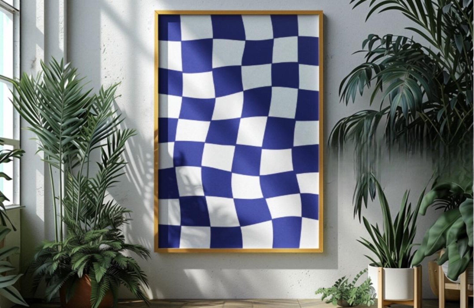 Checkered Wall Art, Blue Checkered Art Print, Retro Funky Poster, Blue ...
