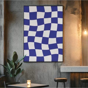Checkered Wall Art, Blue Checkered Art Print, Retro Funky Poster, Blue ...