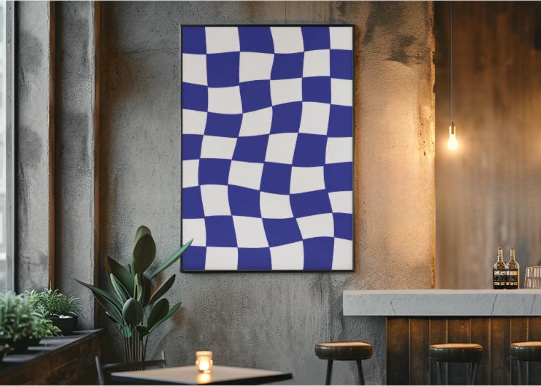 Checkered Wall Art, Blue Checkered Art Print, Retro Funky Poster, Blue ...