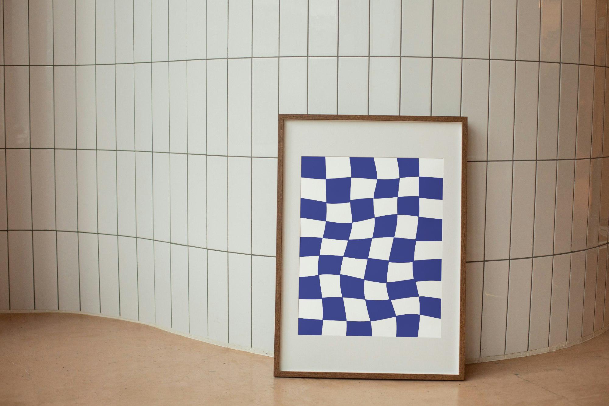 Checkered Wall Art, Blue Checkered Art Print, Retro Funky Poster, Blue ...