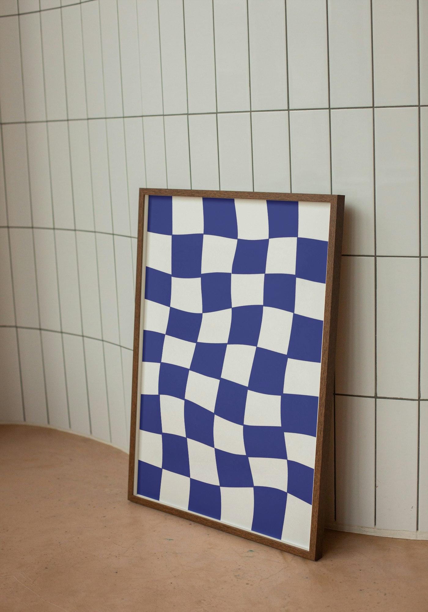 Checkered Wall Art, Blue Checkered Art Print, Retro Funky Poster, Blue ...