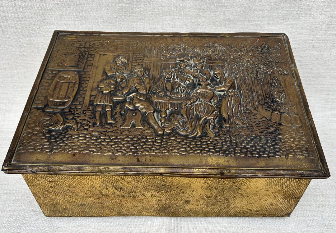 Antique Brass Coal Box Fireplace Coal Scuttle Vintage Embossed Brass ...
