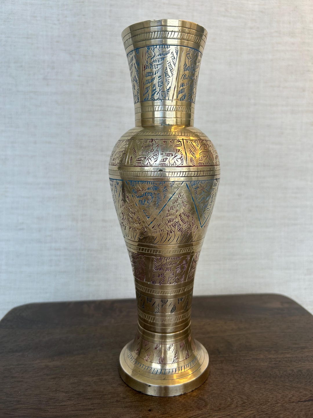 Vintage Brass Vase From India With Etched Colorful Design Décor - Etsy