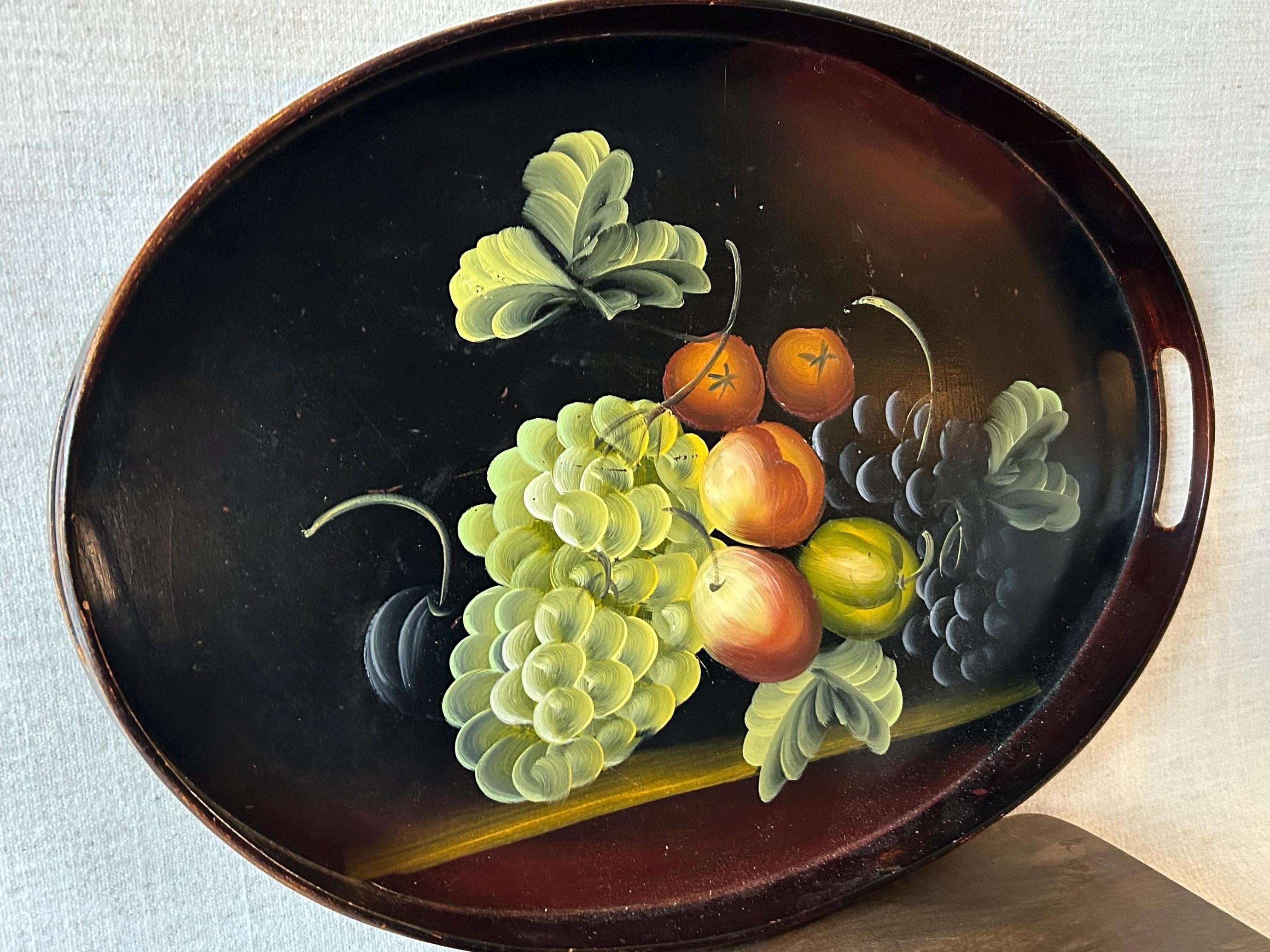 Antique Tole Hand Painted Tray Wood Oval Handles Folk Art Painted Art ...
