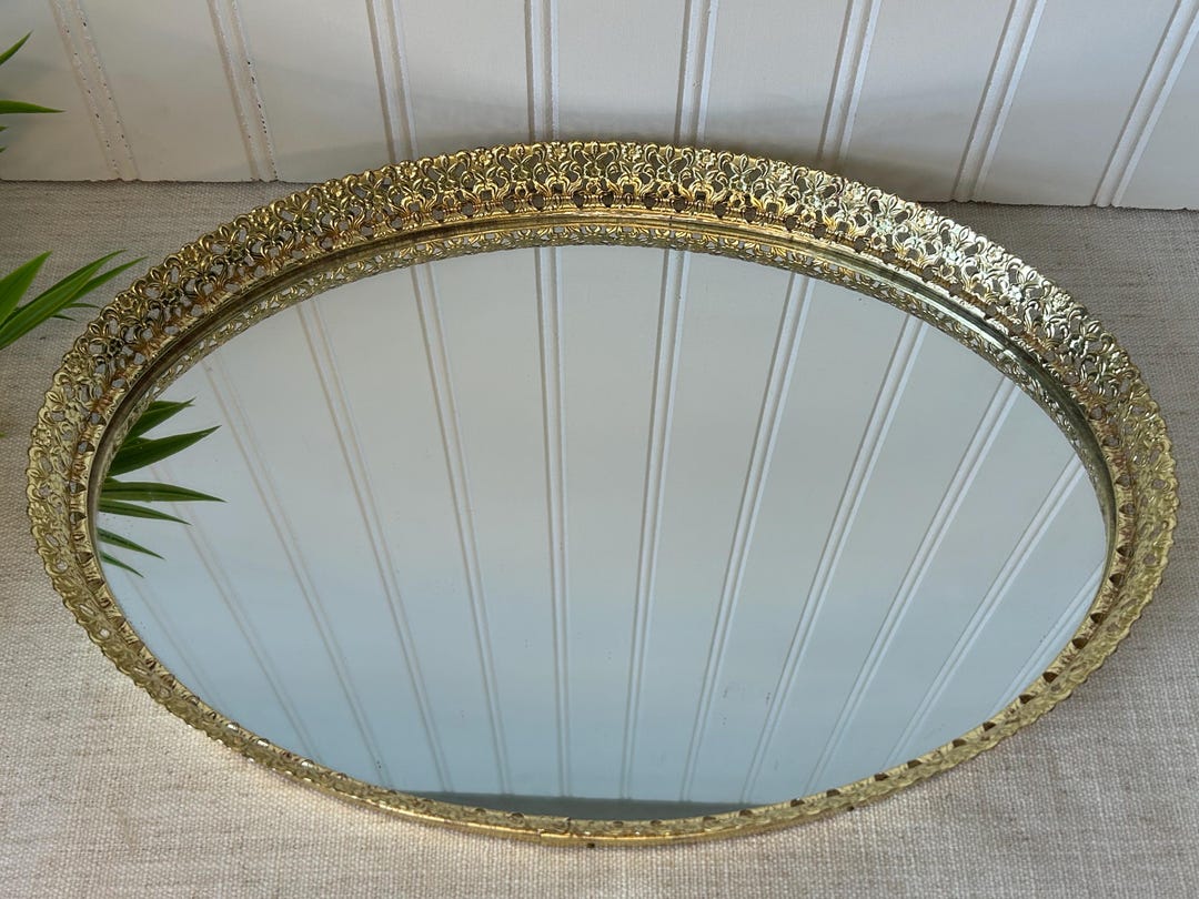 Vintage Large Gold Filigree Metal Hollywood Regency Oval Vanity Mirror ...