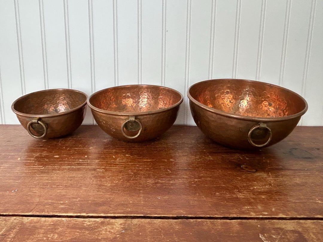 Antique Set of 3 Hammered Copper Bowls Featuring Brass Ring Handle - Etsy
