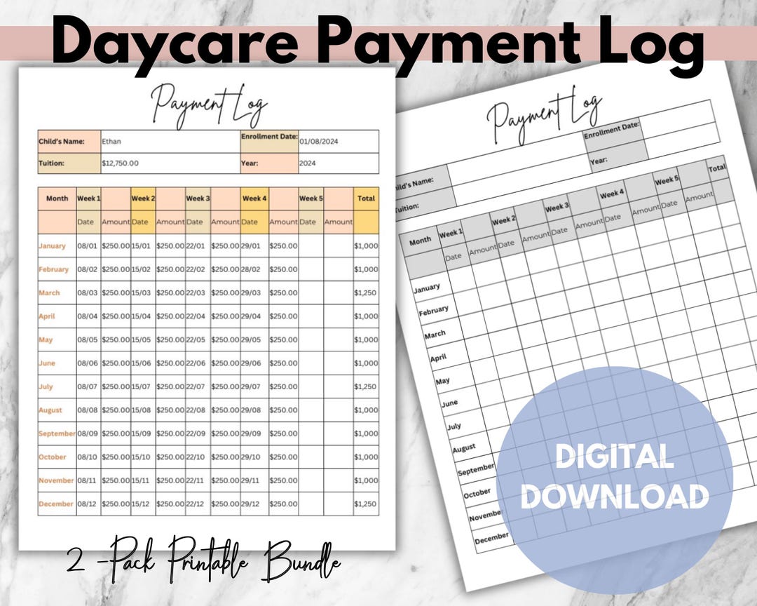 Daycare Payment Tracker Log, Childcare Forms, Bill Payment Record, In ...