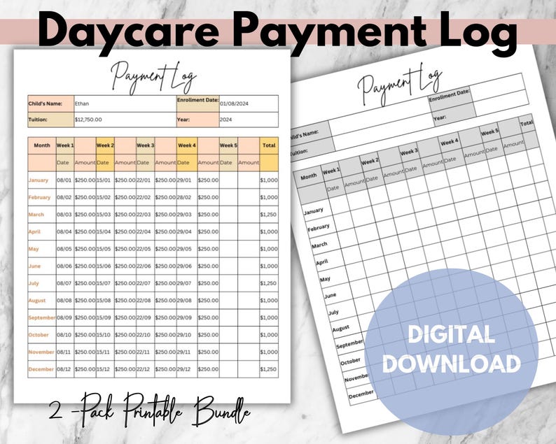 Daycare Payment Tracker Log, Childcare Forms, Bill Payment Record, In ...