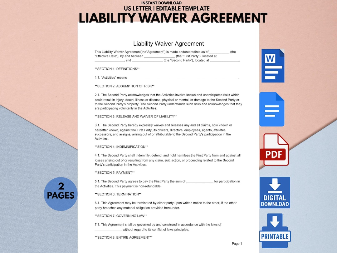Printable Liability Waiver Agreement Template | Legal Document ...
