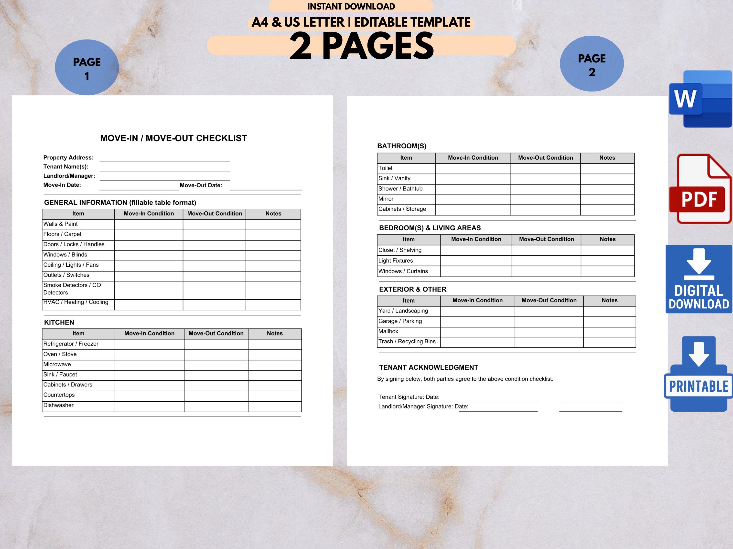 Move-in / Move-out Checklist Template | Rental Property Inspection Form ...