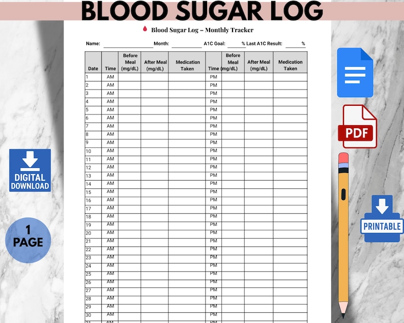Blood Sugar Log Printable PDF & Google Doc | Daily Glucose Tracker AM ...