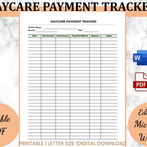 Daycare Payment Tracker: Printable Childcare Tuition Log (PDF & Word ...