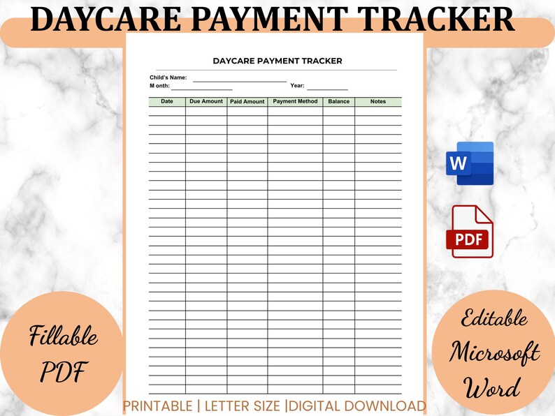 Daycare Payment Tracker: Printable Childcare Tuition Log (PDF & Word ...