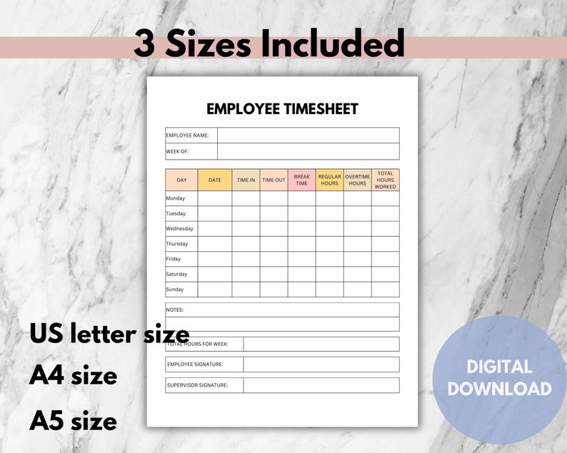 Editable Employee Timesheet Template: Printable Bi-weekly Time Tracker ...