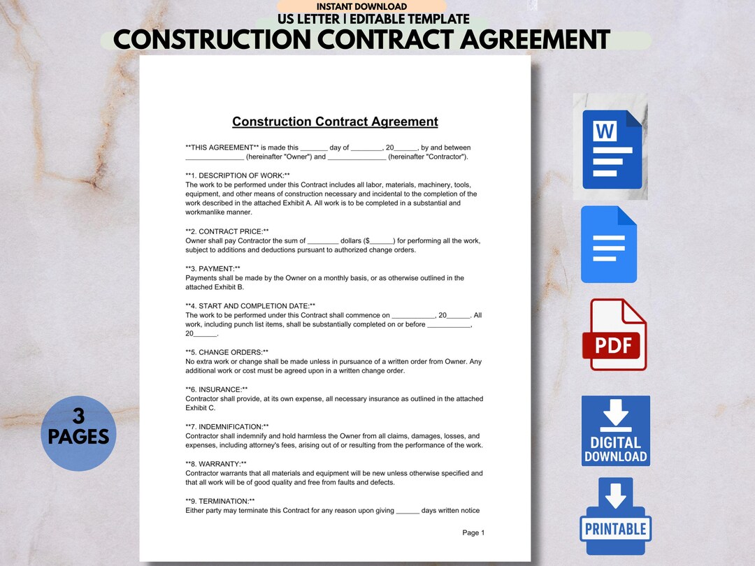 Printable Construction Contract Agreement | Legal Document Template ...