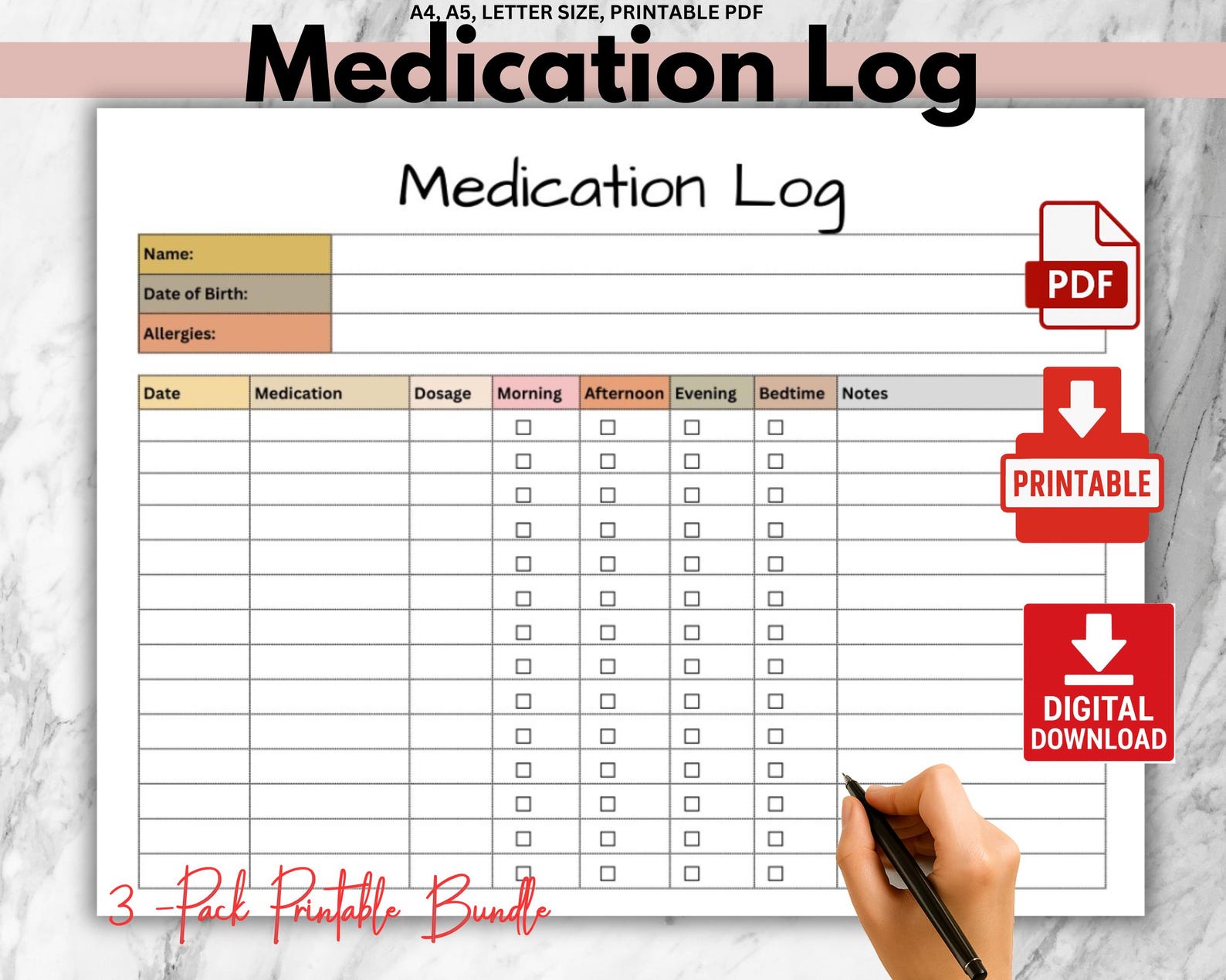 Medication Log Printable: Daily Medicine, Vitamin, & Prescription ...