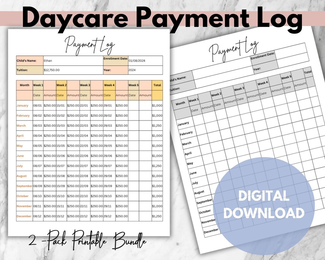 Daycare Payment Tracker Log, Childcare Forms, Bill Payment Record, In ...
