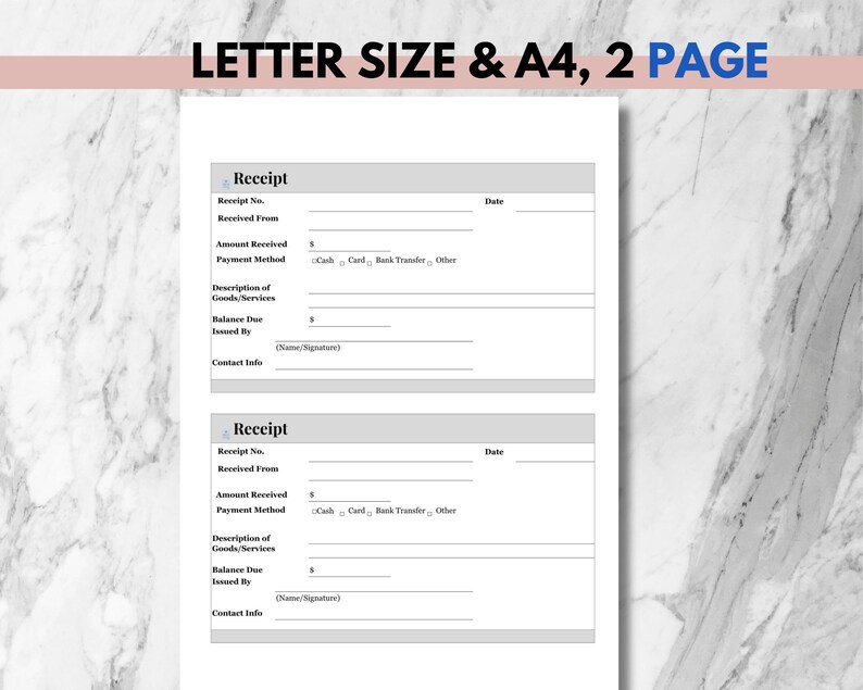 Simple Receipt Template Printable PDF | A4 & US Letter Size | Blank ...