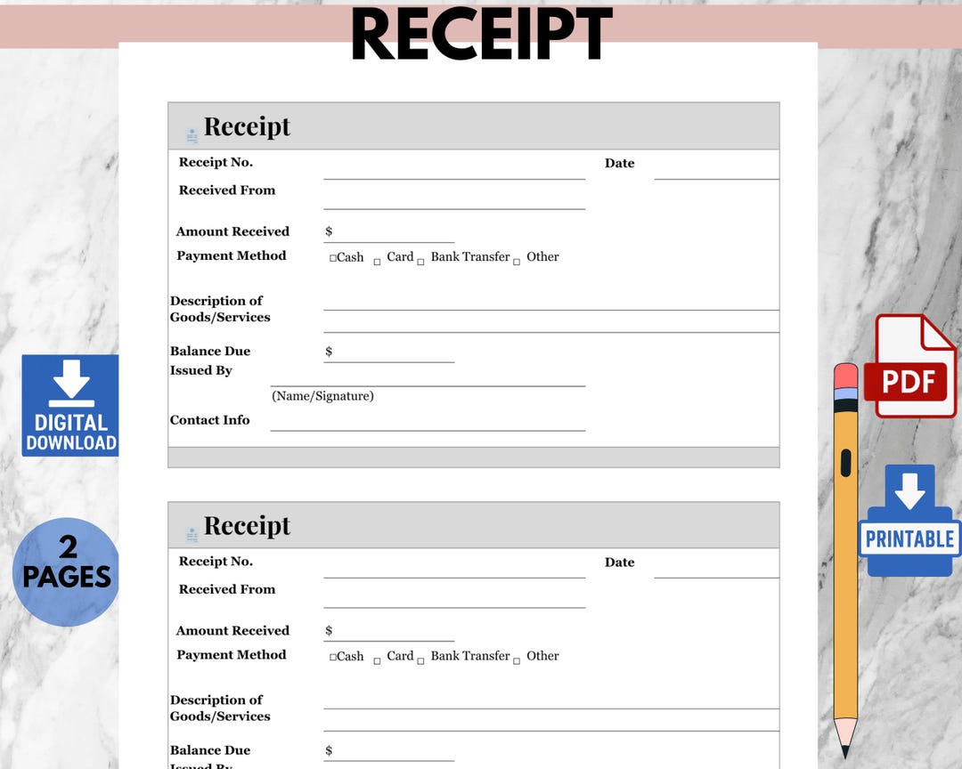 Simple Receipt Template Printable PDF | A4 & US Letter Size | Blank ...