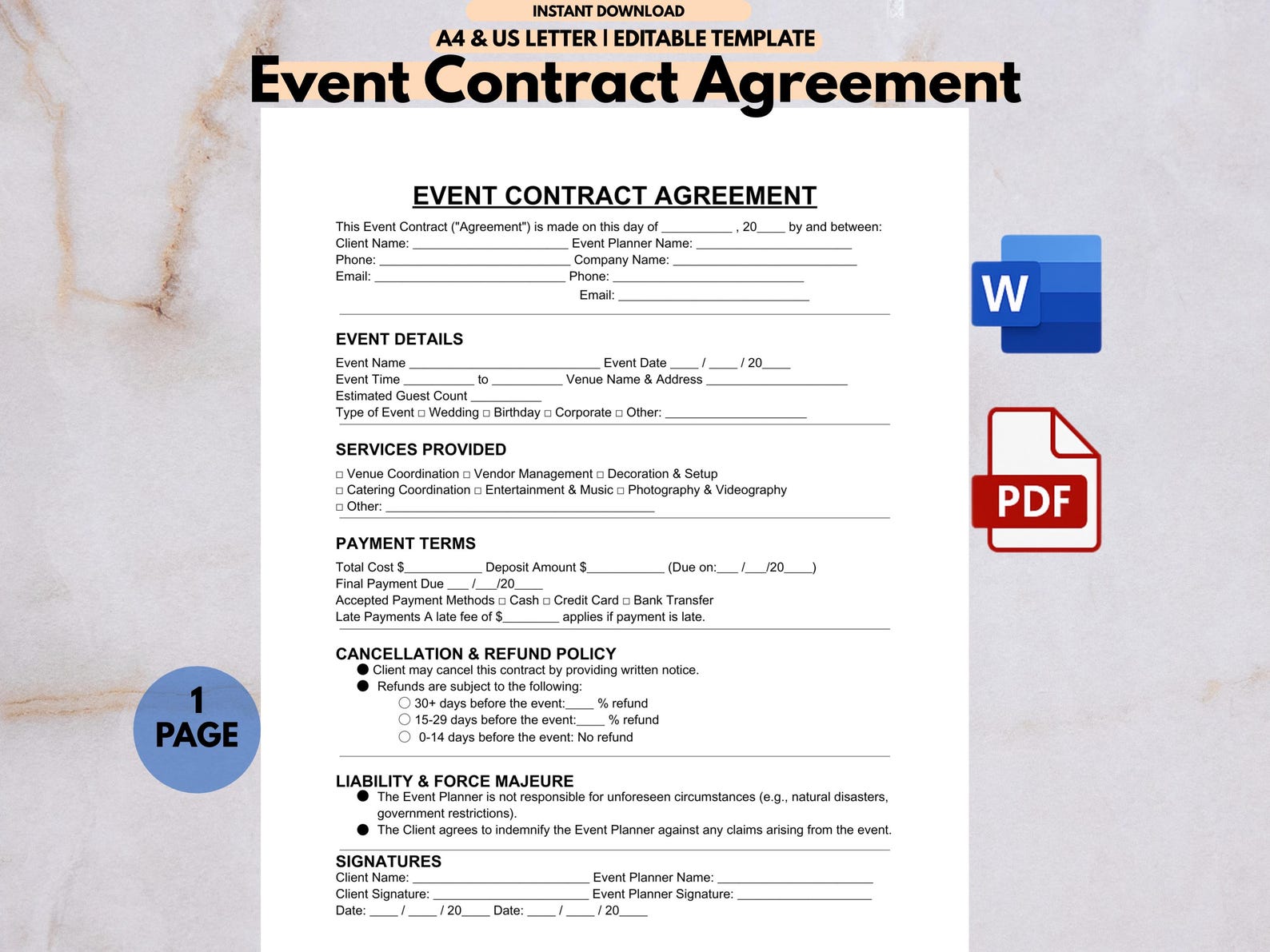 Event Contract Agreement Template: Editable Planner Contract (PDF ...