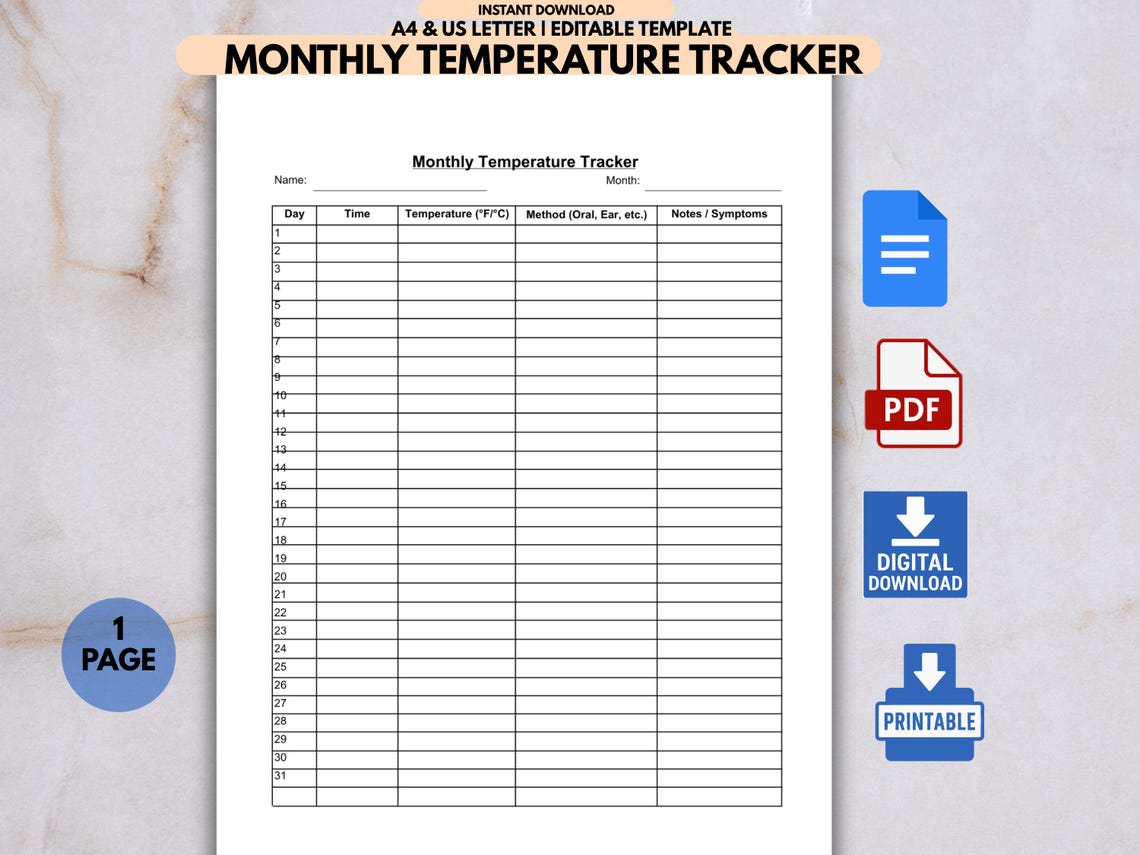 Monthly Temperature Tracker Printable: 31-day Health Log (PDF & Google ...