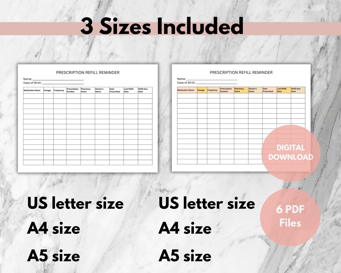 Printable Prescription Refill Tracker: Medication Log (digital Download ...