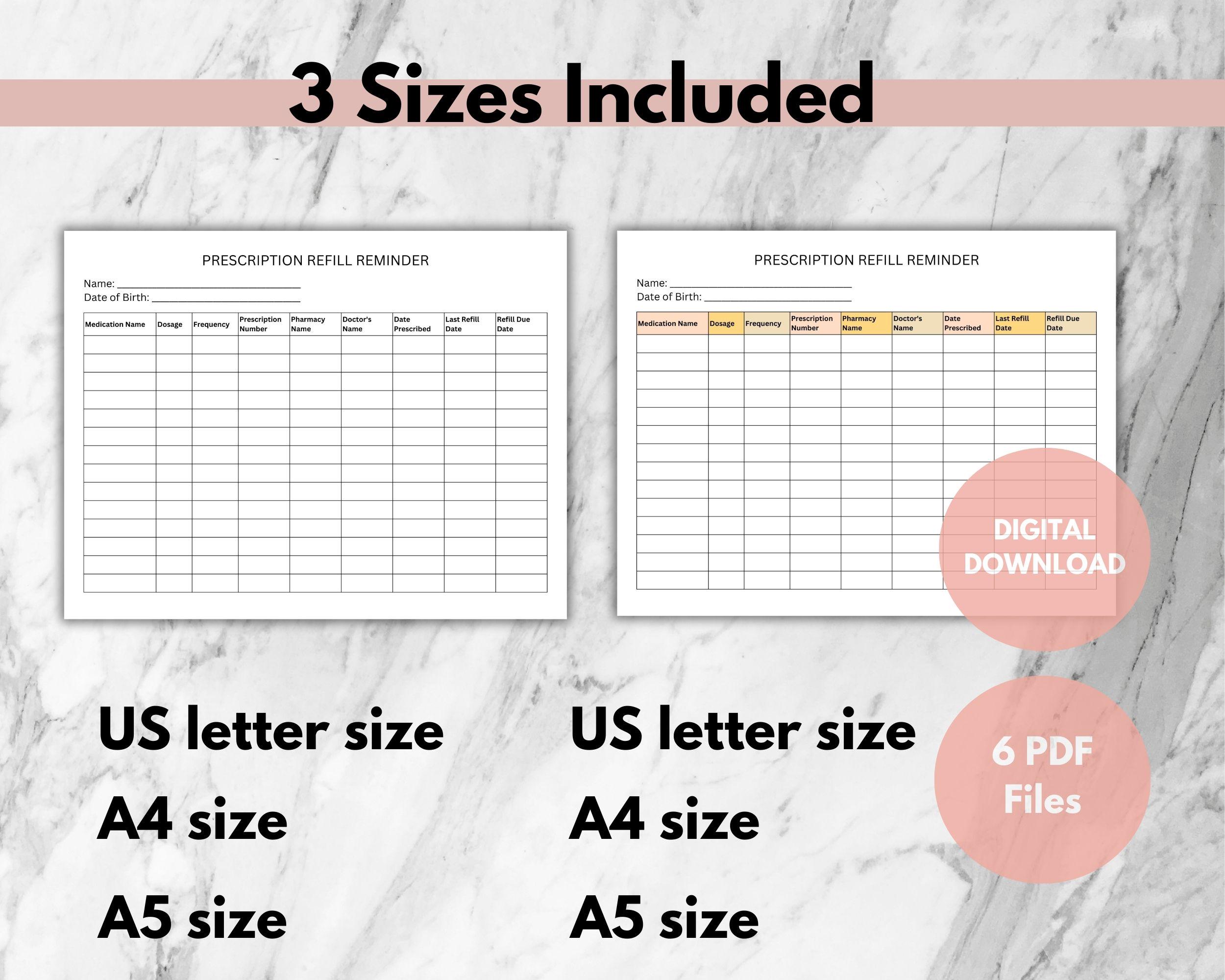 Printable Prescription Refill Tracker: Medication Log (digital Download ...
