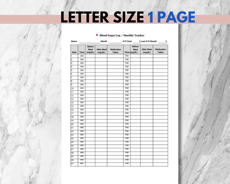 Blood Sugar Log Printable PDF & Google Doc | Daily Glucose Tracker AM ...