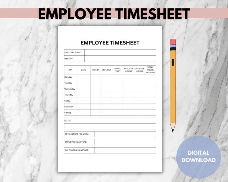 Employee Time Sheet, Timesheet Template, Time Tracker, Editable Time ...