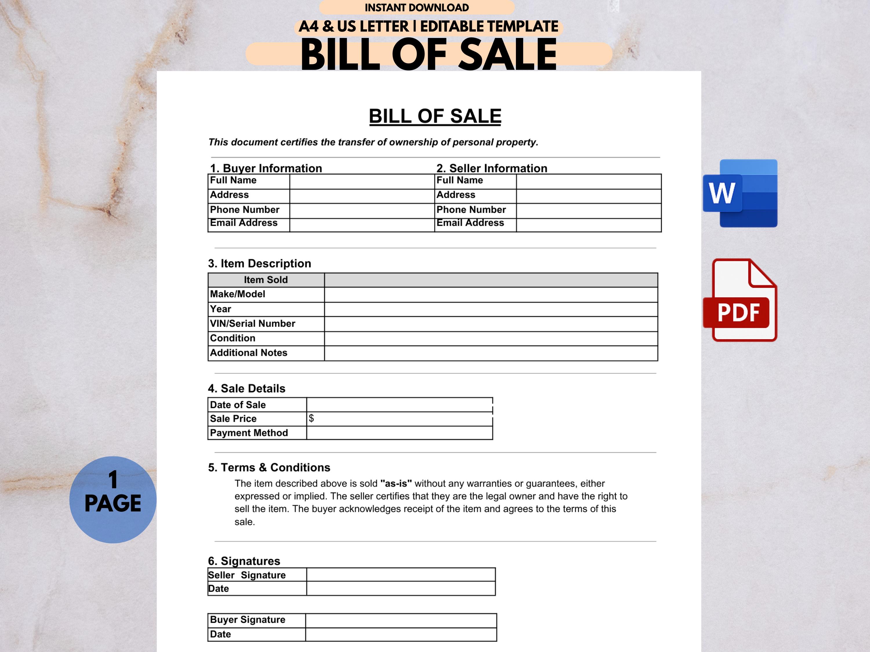 Bill of Sale Editable Template | Printable & Editable Legal Sale Form ...