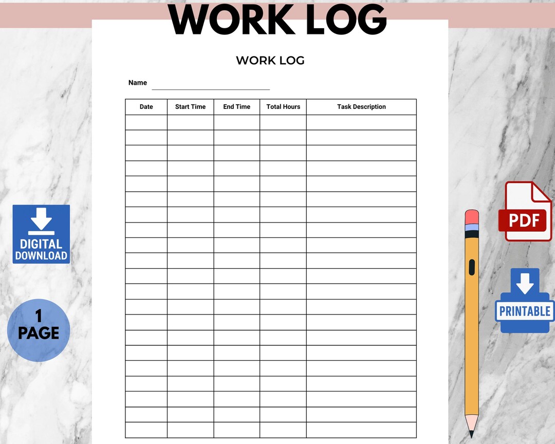 Printable Work Log Template PDF | Daily Time Tracker | A4 & Letter Size ...