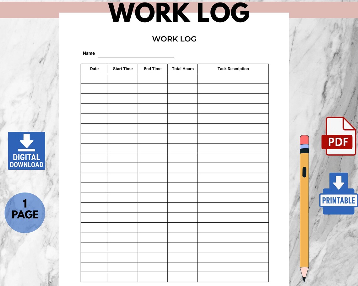 Printable Work Log Template PDF | Daily Time Tracker | A4 & Letter Size ...
