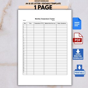 Monthly Temperature Tracker Printable: 31-day Health Log (PDF & Google ...