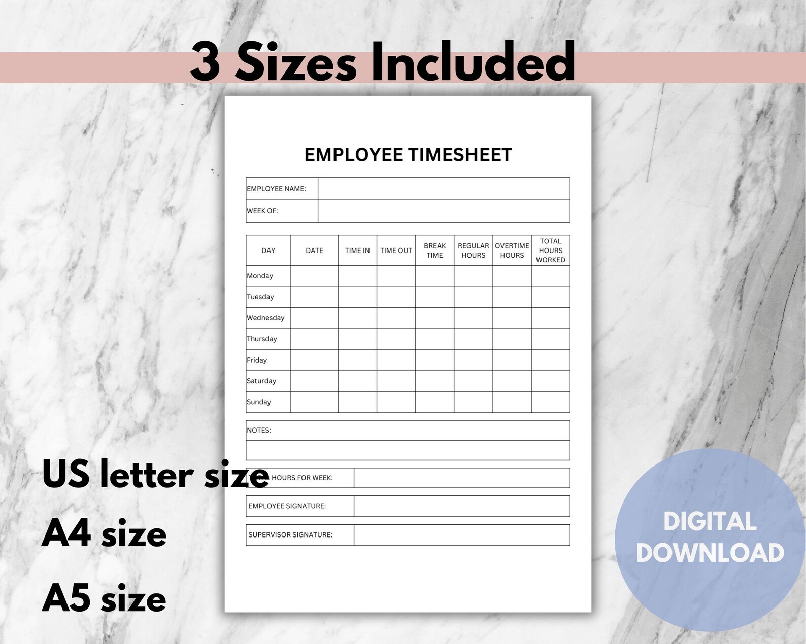 Employee Time Sheet, Timesheet Template, Time Tracker, Editable Time Sheet, Employee Payroll, Bi ...