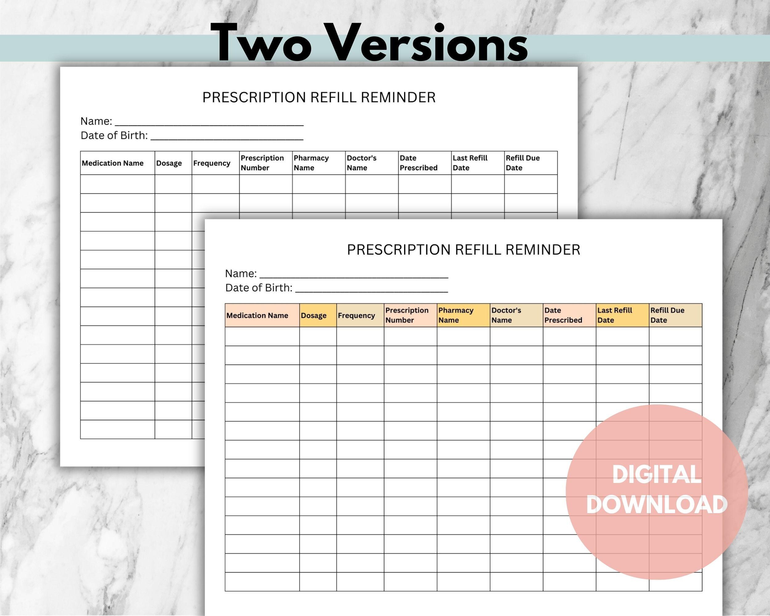 Printable Prescription Refill Tracker: Medication Log (digital Download ...