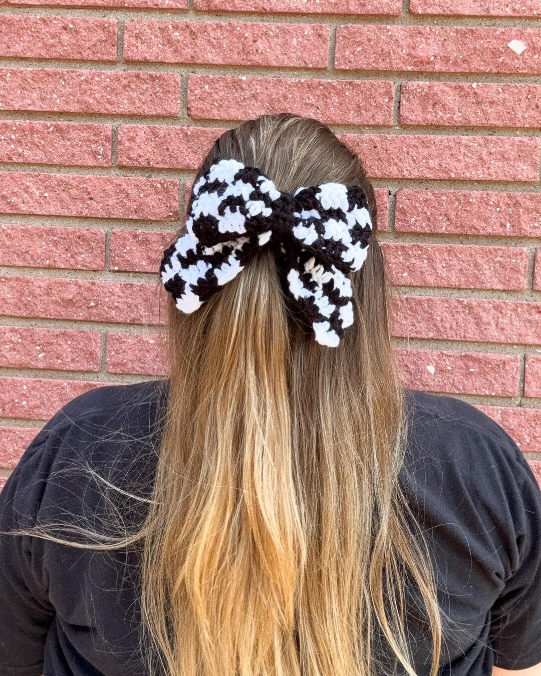 Crochet Checkerboard Hair Bow, Black & White Checker Hair Bows, Hair ...
