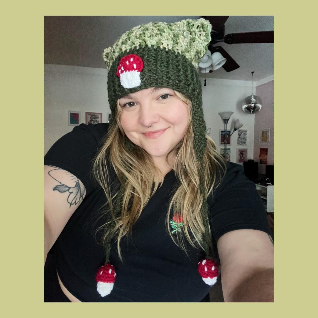 Cottagecore Mushroom Cat Ear Beanie With Dangling Vines Handmade Green ...
