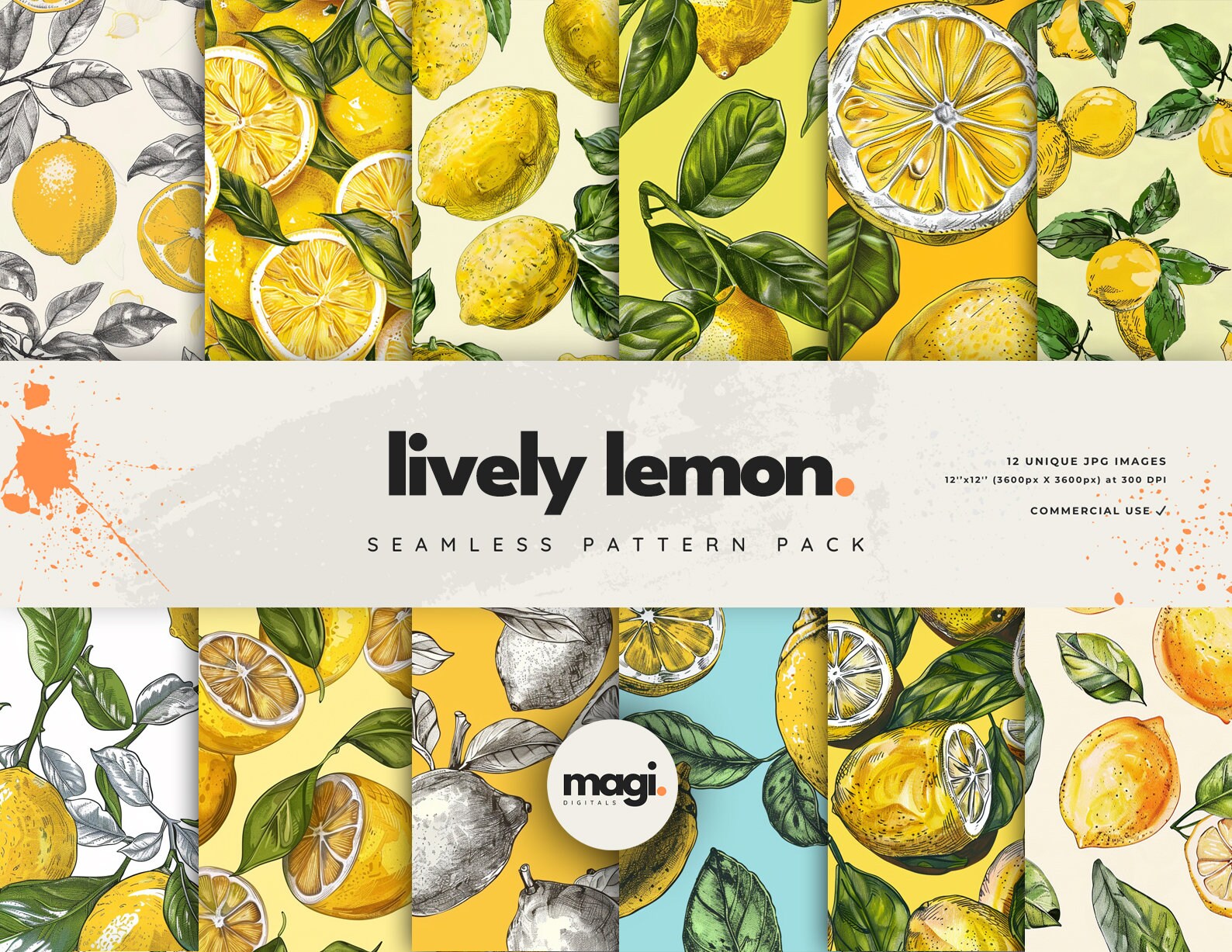 Lively Lemon Printable Paper Pack Seamless Pattern Designs Digital ...