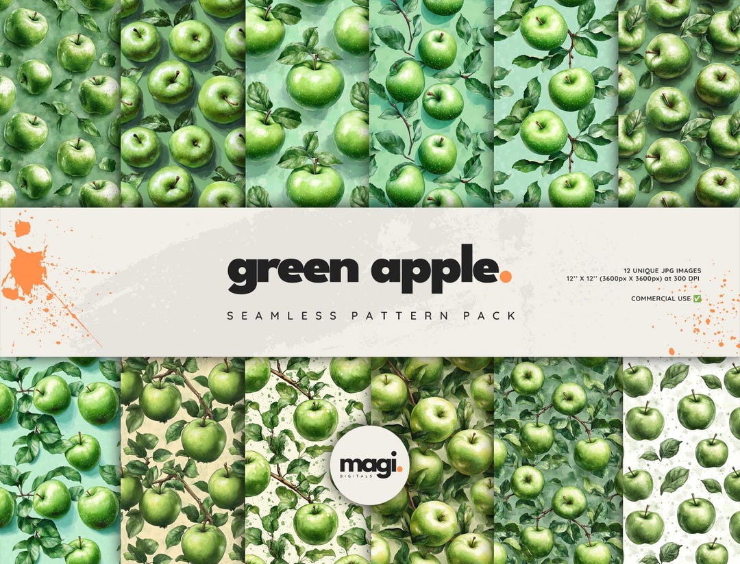 Green Apple Printable Paper Pack Seamless Pattern Designs Digital ...