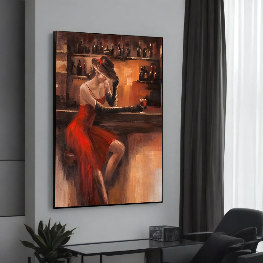 Elegant Lady in Red Canvas Painting - Timeless Bar Scene Art - Vintage ...