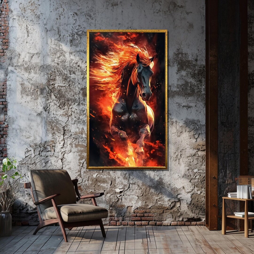 Flaming Black Stallion Canvas Painting - Striking Wall Art With Intense ...