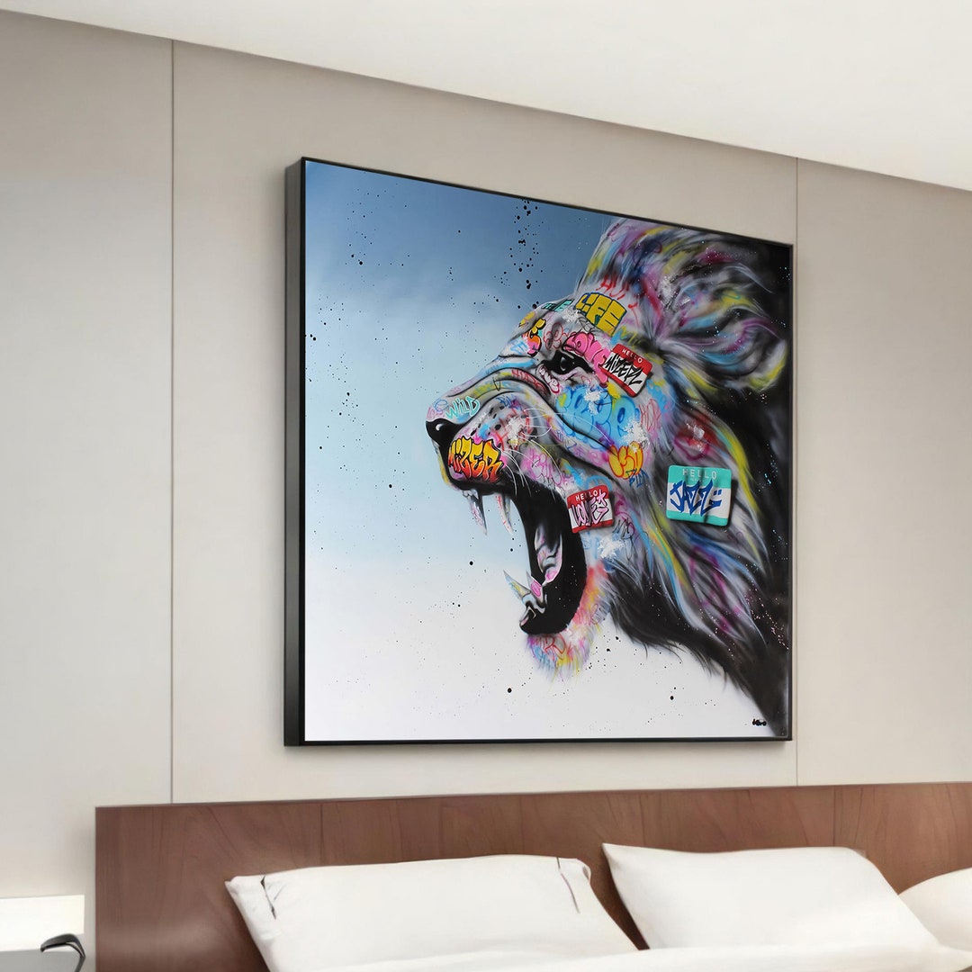Graffiti Roaring Lion: Banksy-inspired Pop Art Canvas Painting - Bold ...