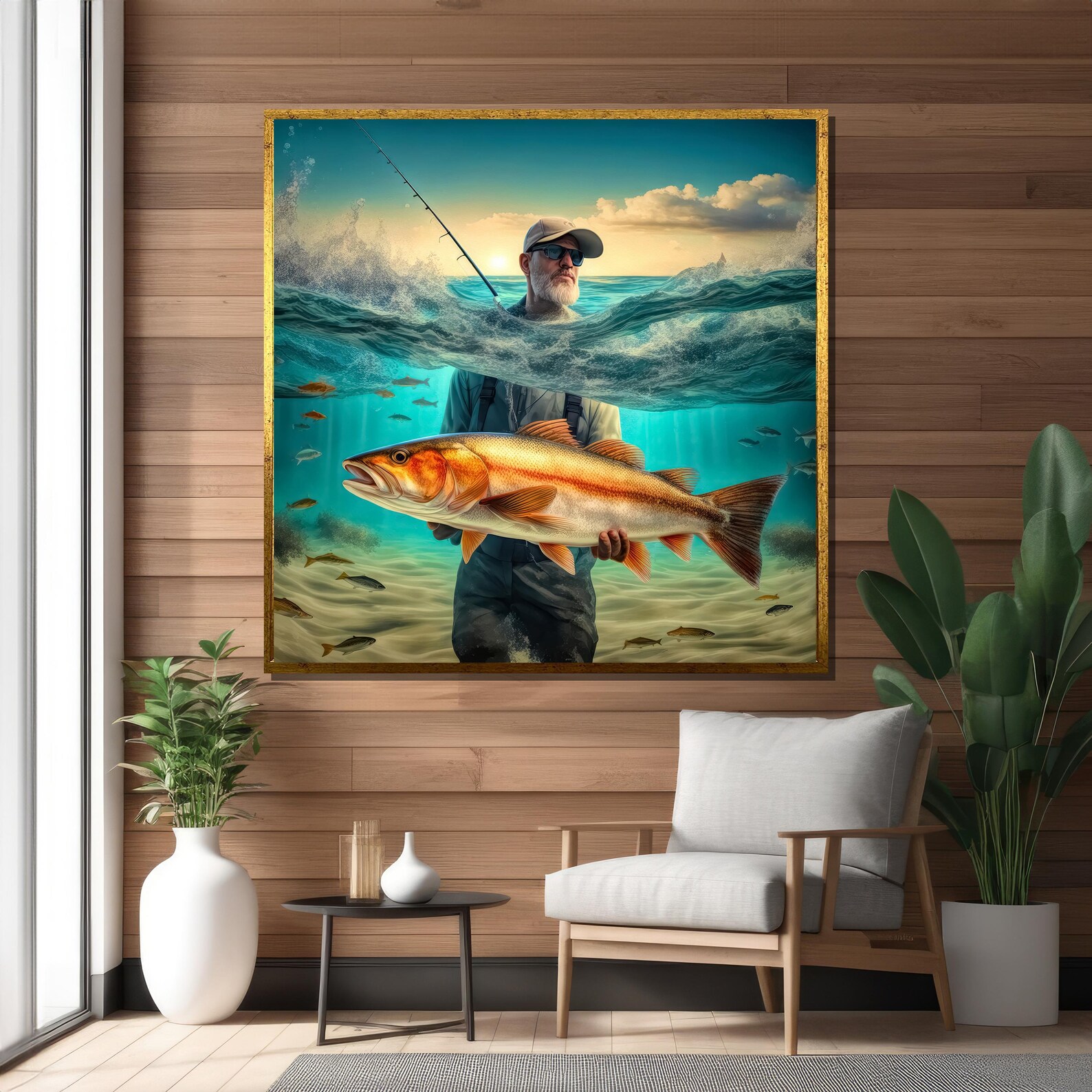 Tranquil Catch - Modern Canvas Painting of Fisherman With Giant Fish in ...