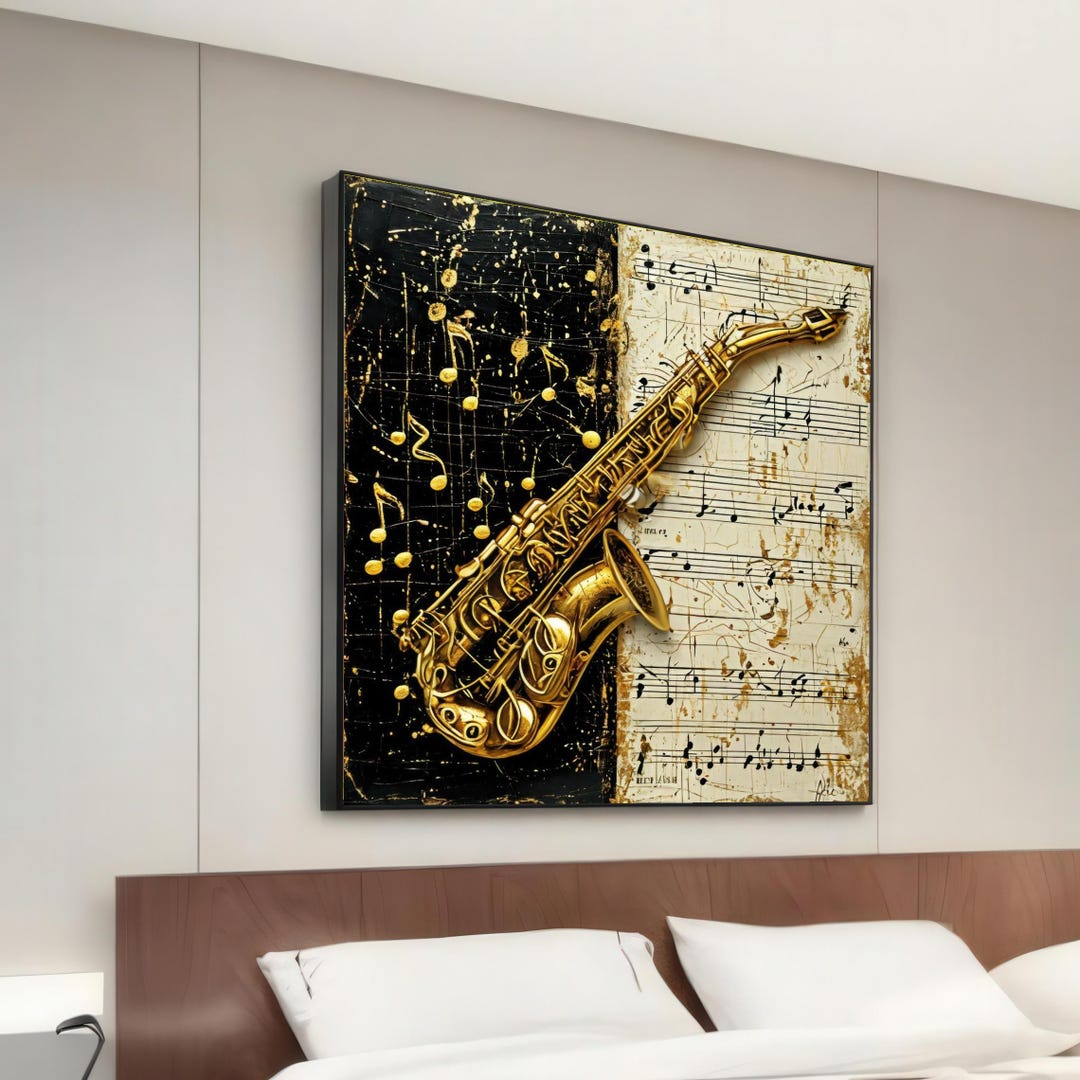 Saxophone Symphony Canvas, Musical Notes Art, Gold Saxophone Wall Art ...