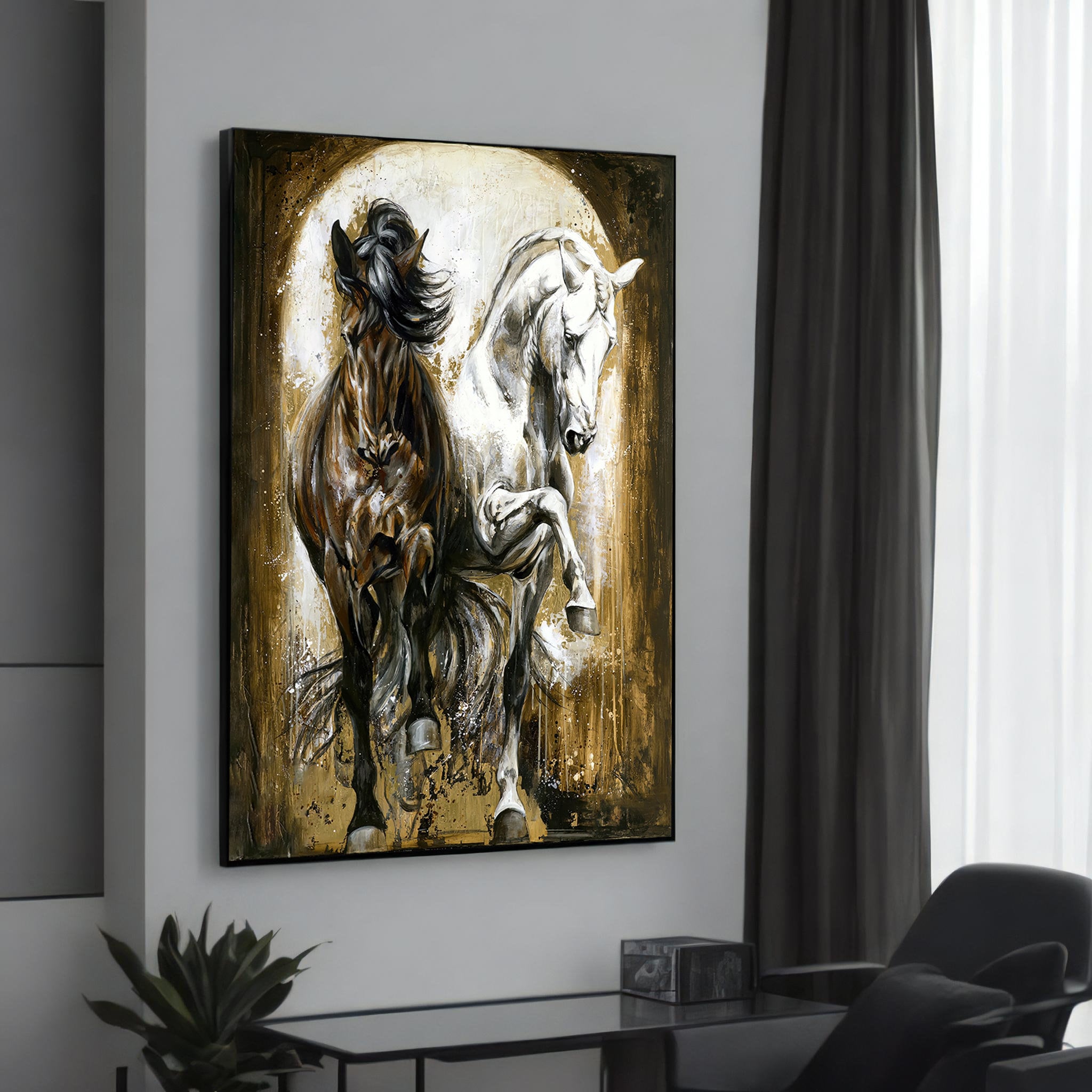 Majestic Horses Canvas Painting, Dual Horse Art, Black and White Animal ...